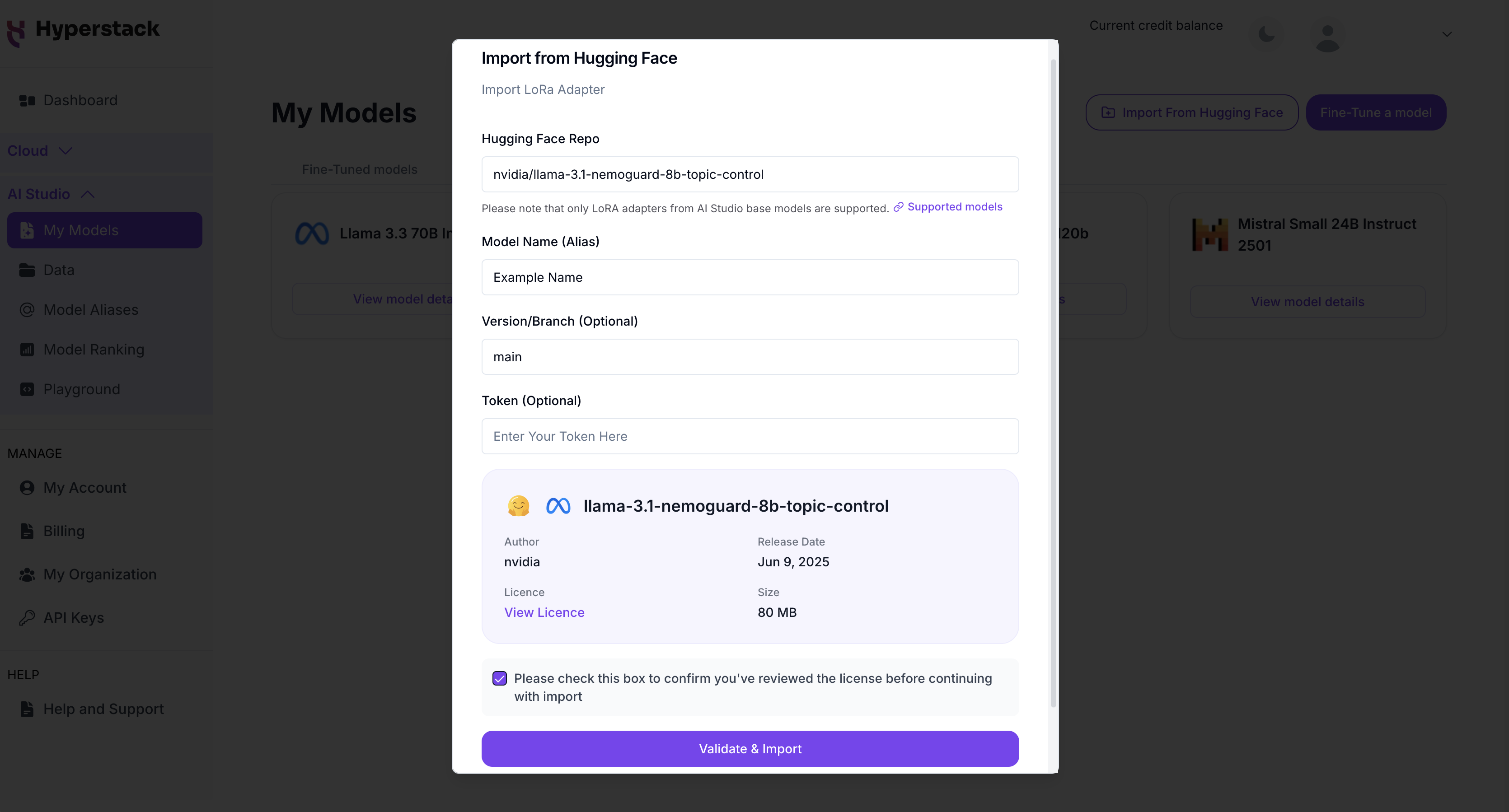 Complete import modal